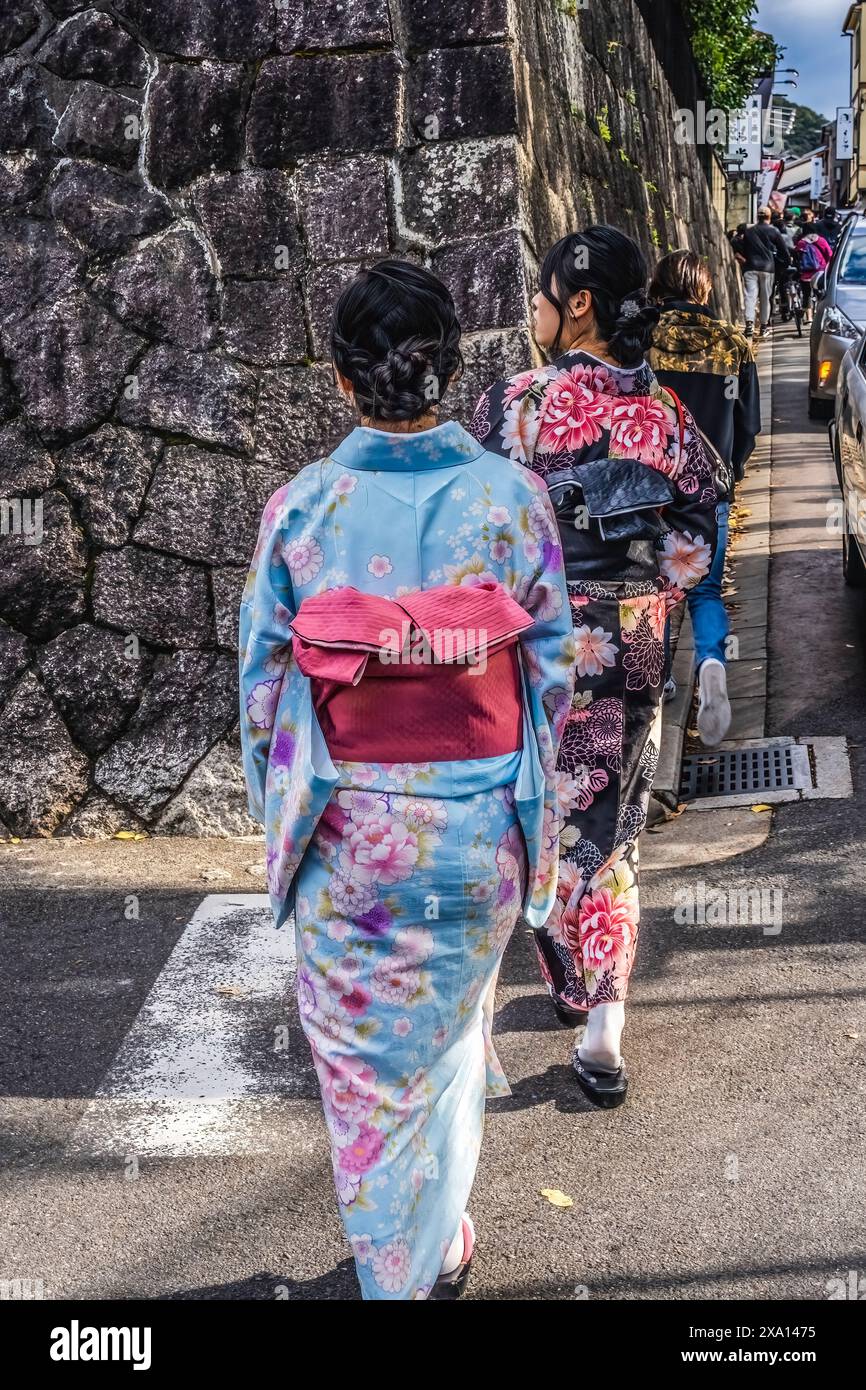 Japanese Women with Colorful Pink Blue Traditional Japanese Kimonos ...