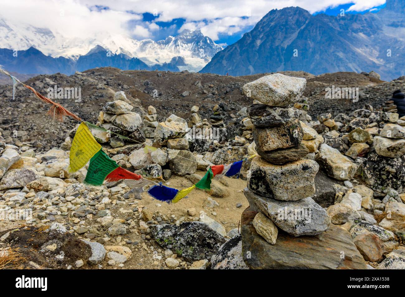 Colorful Nepali and Tibetan prayer flags fluttering in the majestic ...