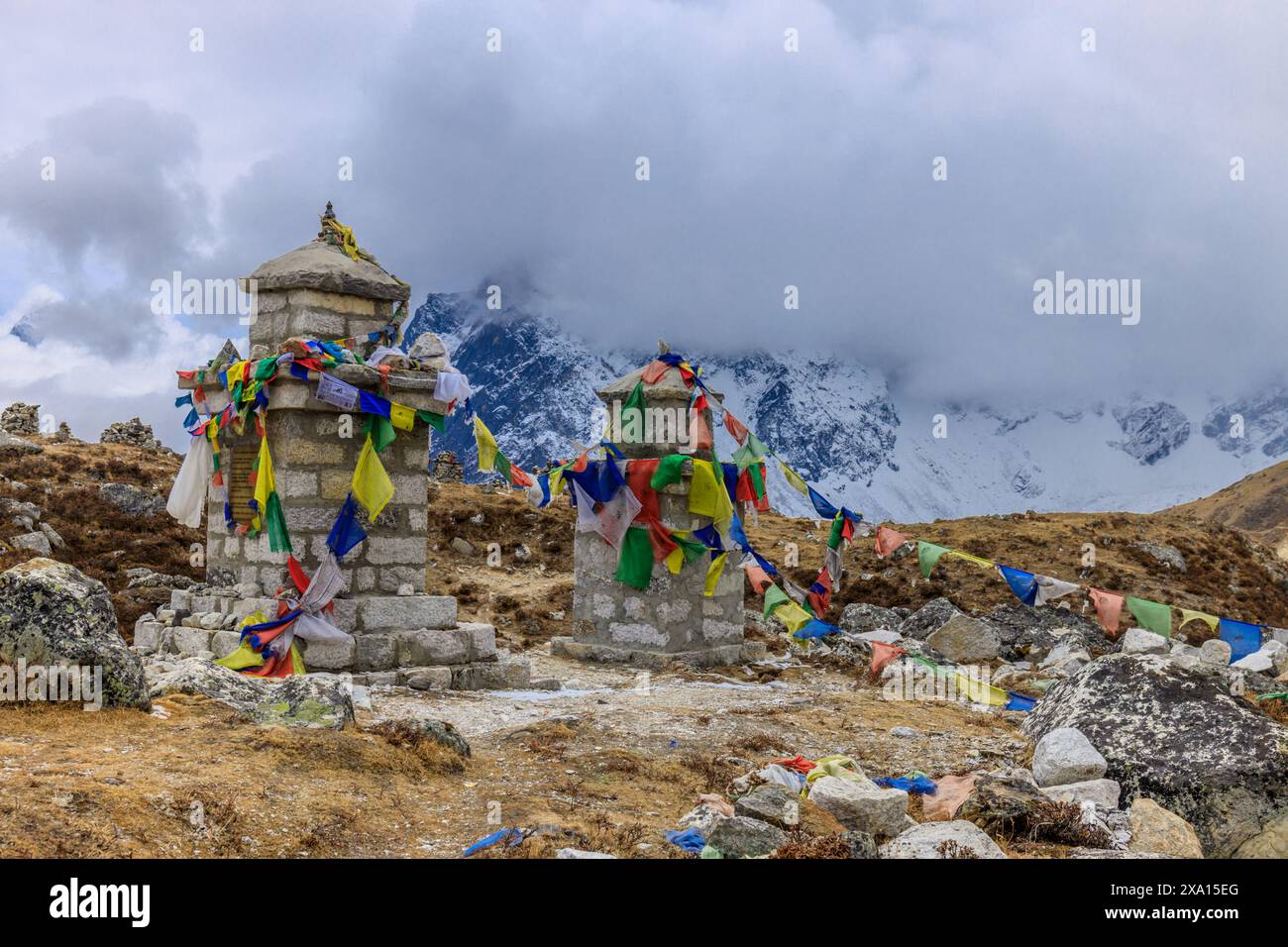 Colorful Nepali and Tibetan prayer flags fluttering in the majestic ...
