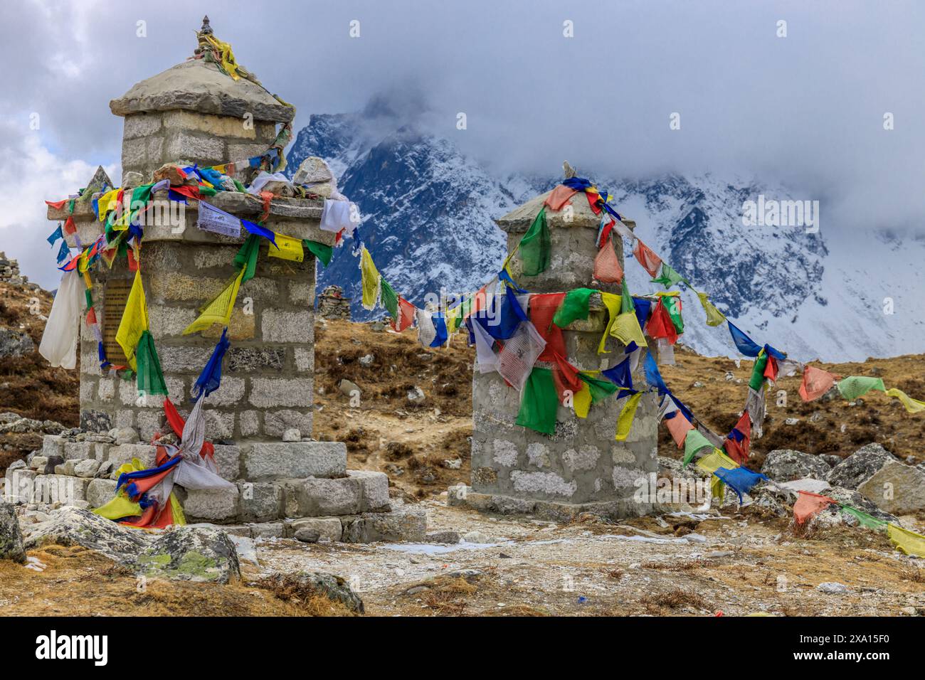 Colorful Nepali and Tibetan prayer flags fluttering in the majestic ...