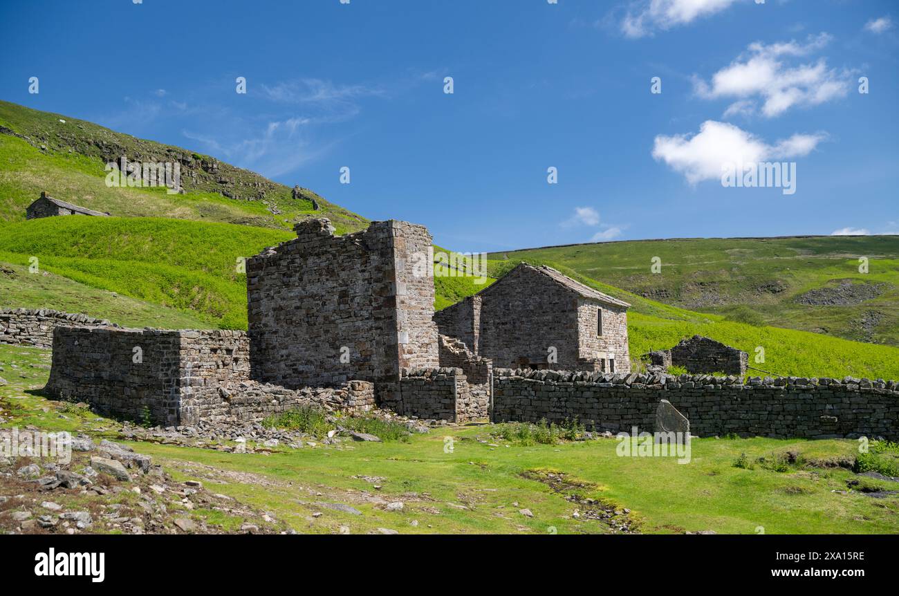 Ruin of Crackpot Hall, an isolated farmstead on moorland, looking ...