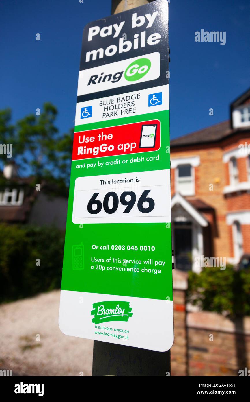 Sign showing how to pay for on-street car parking with RingGo in the ...
