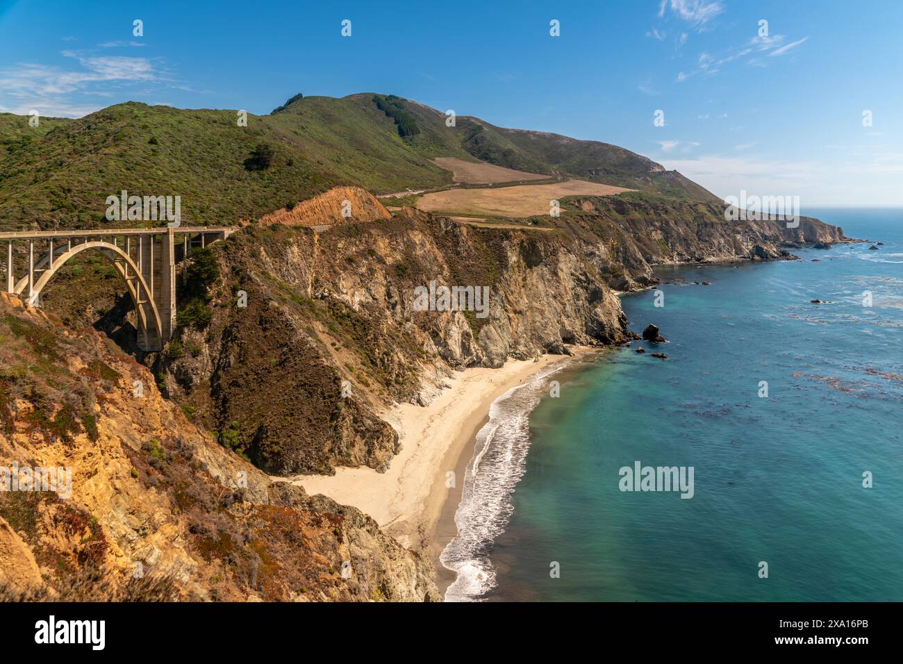 An aerial view of Bixby Creek Bridge above Big Sur, California Coast along Highway 1 Stock Photo ...