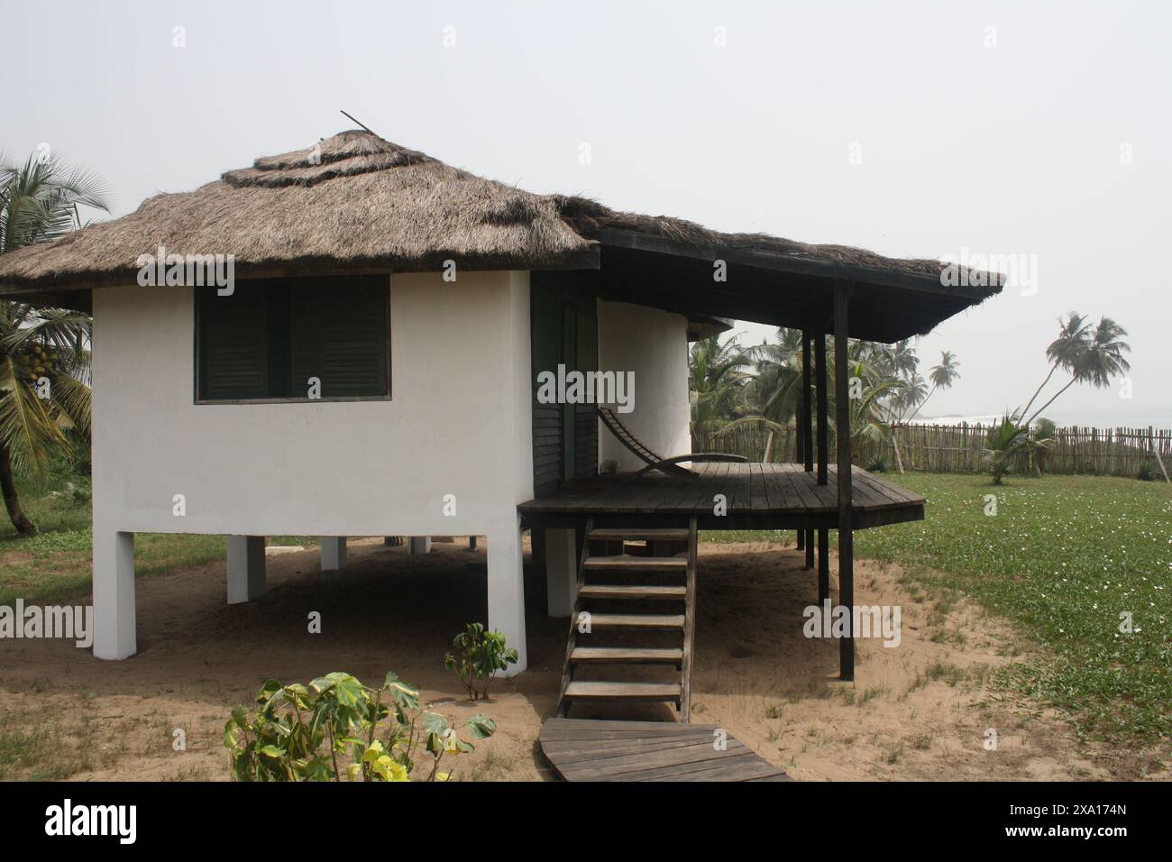 A contemporary house built on stilts with a thatched roof, situated in ...