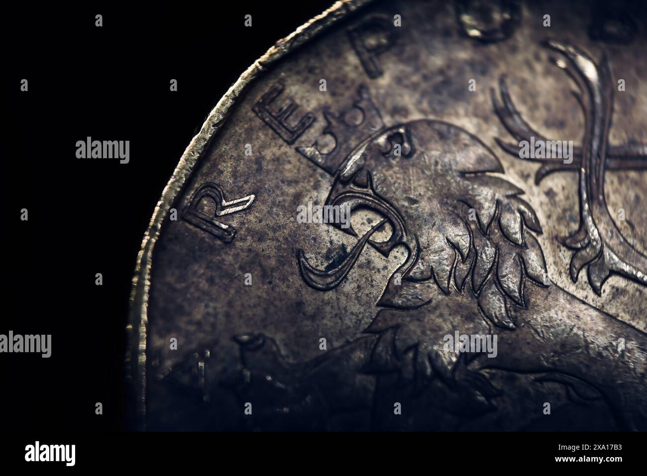 Bohemian heraldic lion on Czech koruna coin Stock Photo - Alamy