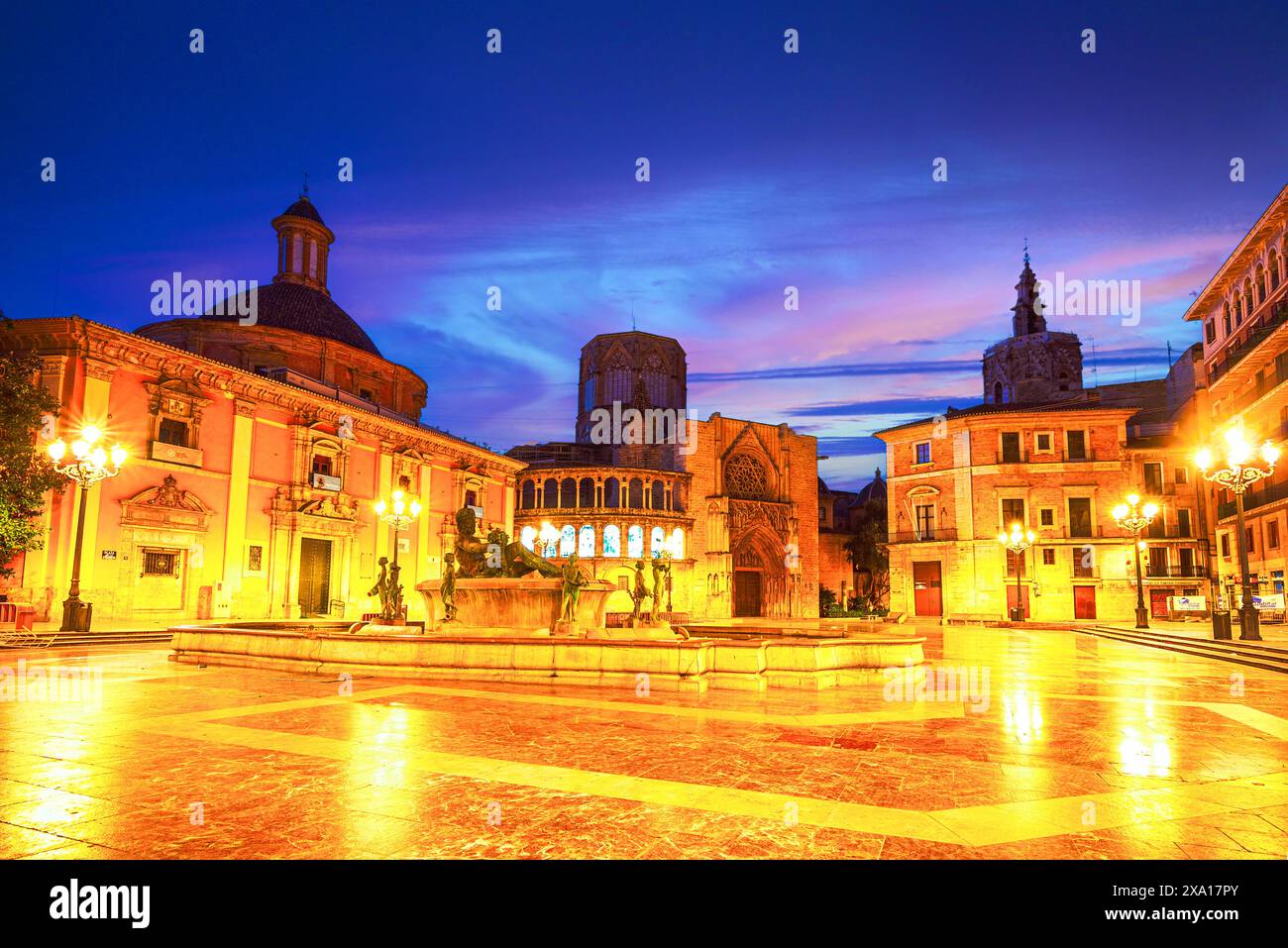 Valencia, Spain: Fountain Rio Turia on Square of the Virgin Saint Mary ...