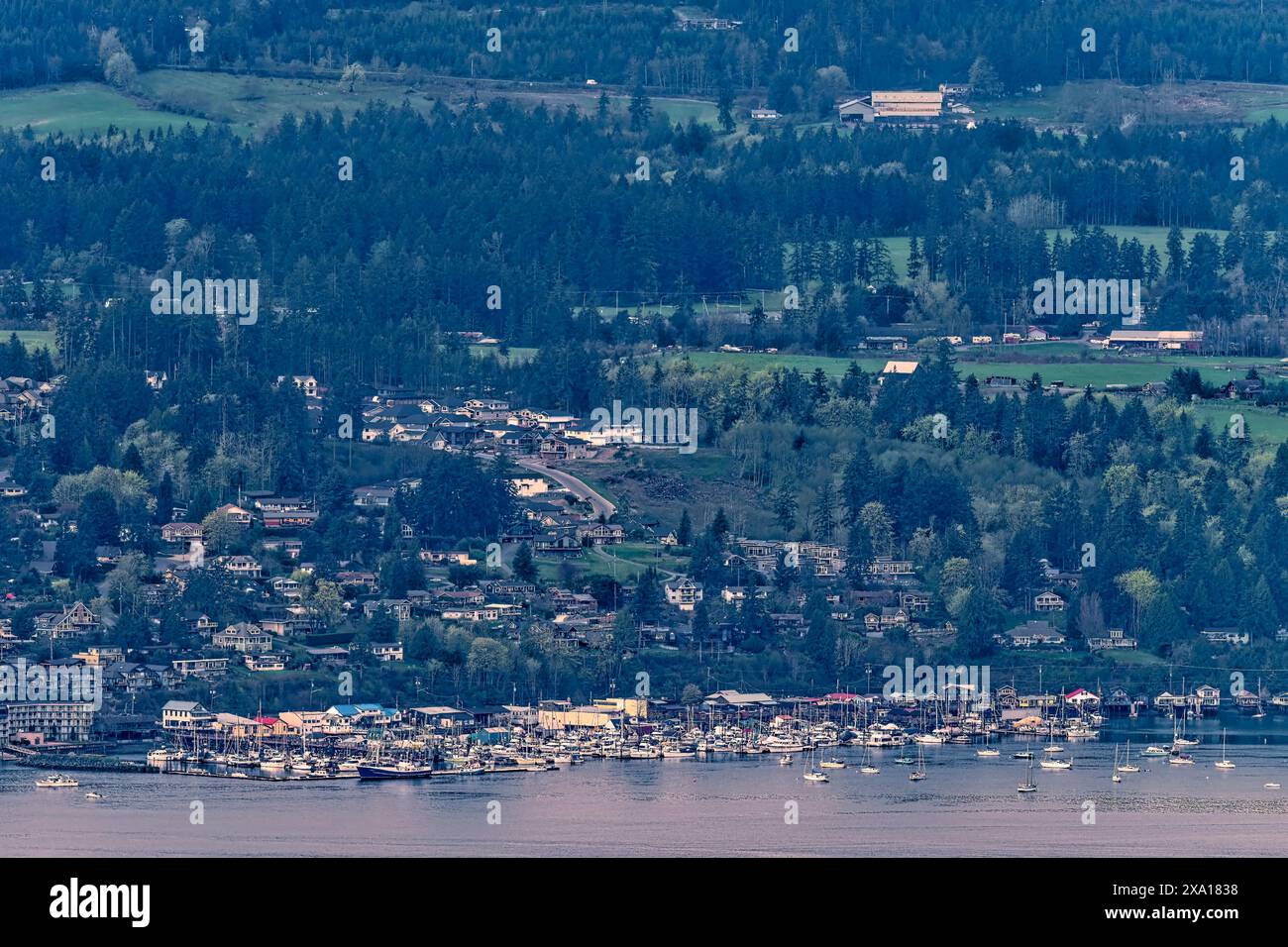 An aerial view of Cowichan Bay from Mount Maxwell, Salt Spring Island ...