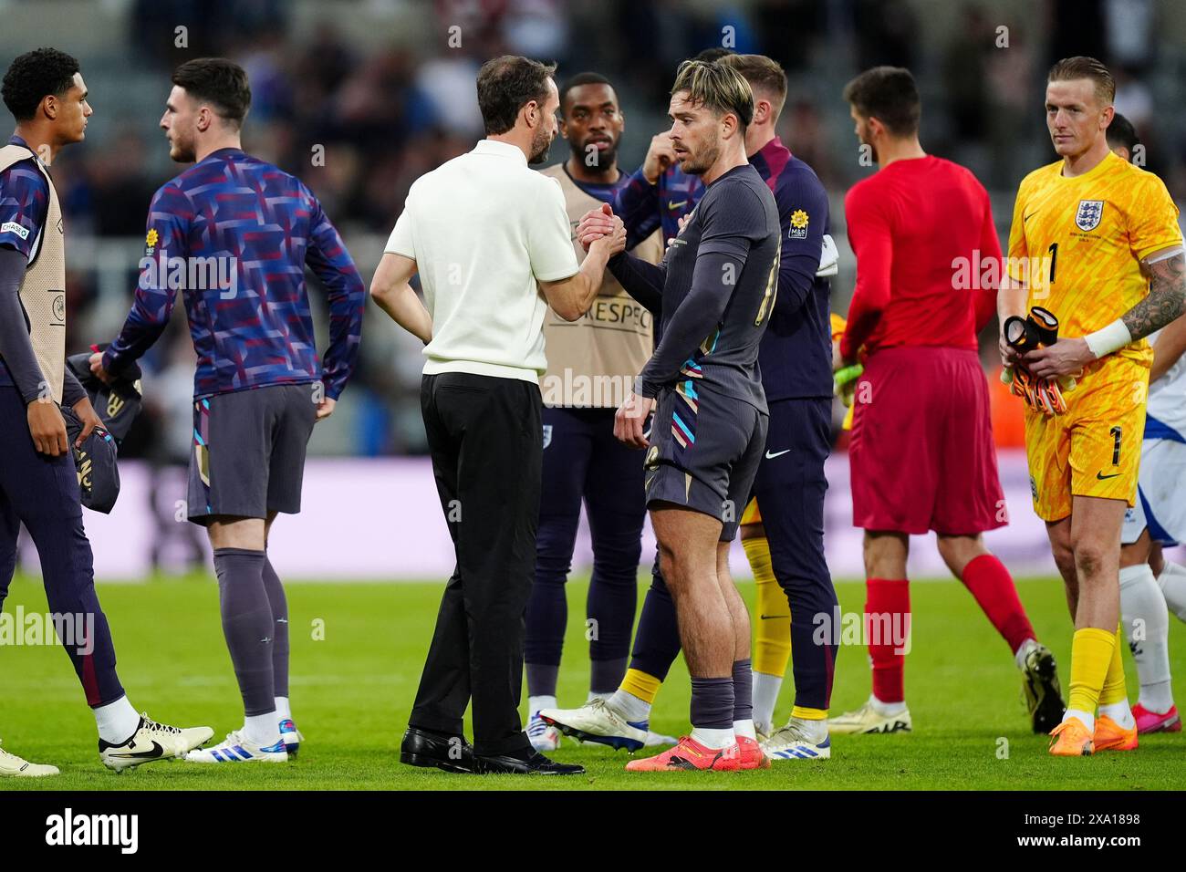England manager Gareth Southgate (left) with Jack Grealish following an ...