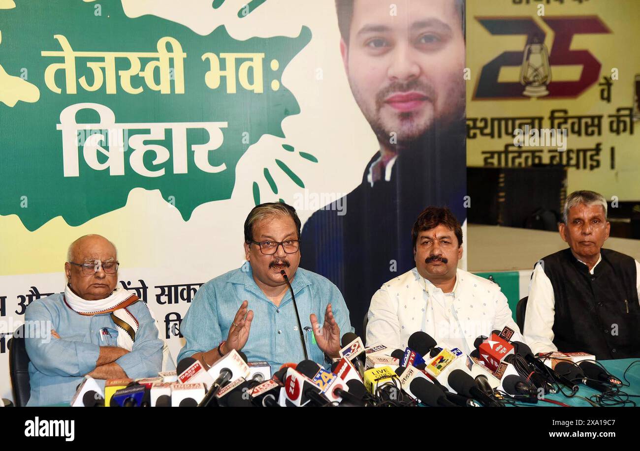 PATNA, INDIA - JUNE 3: RJD MP Manoj Jha with CPI leader Ram Naresh ...