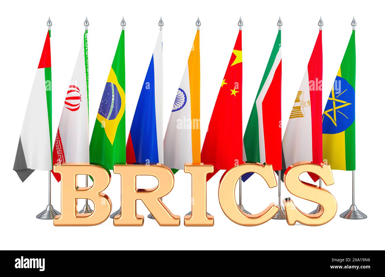 BRICS summit flags with all new members BRICS. 3D rendering isolated on ...