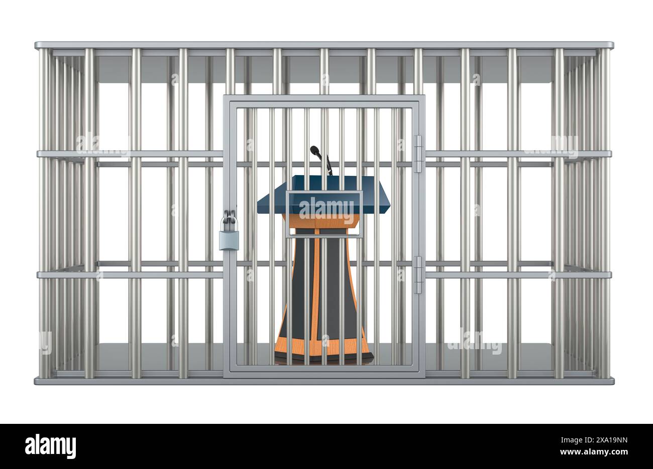 Political prisoner, concept. Tribunes with microphone inside cage ...