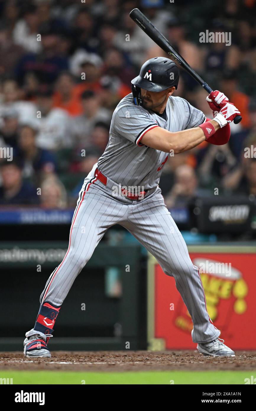 Minnesota Twins outfielder Trevor Larnach (9) hits during a 2-run home ...