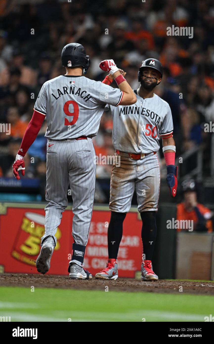 Minnesota Twins outfielder Trevor Larnach (9) celebrates his home run ...