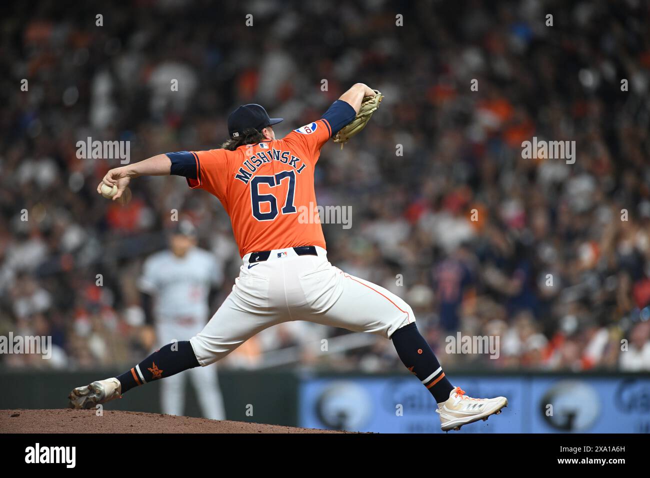 Houston Astros pitcher Parker Mushinski (67) pitches in relief in the ...