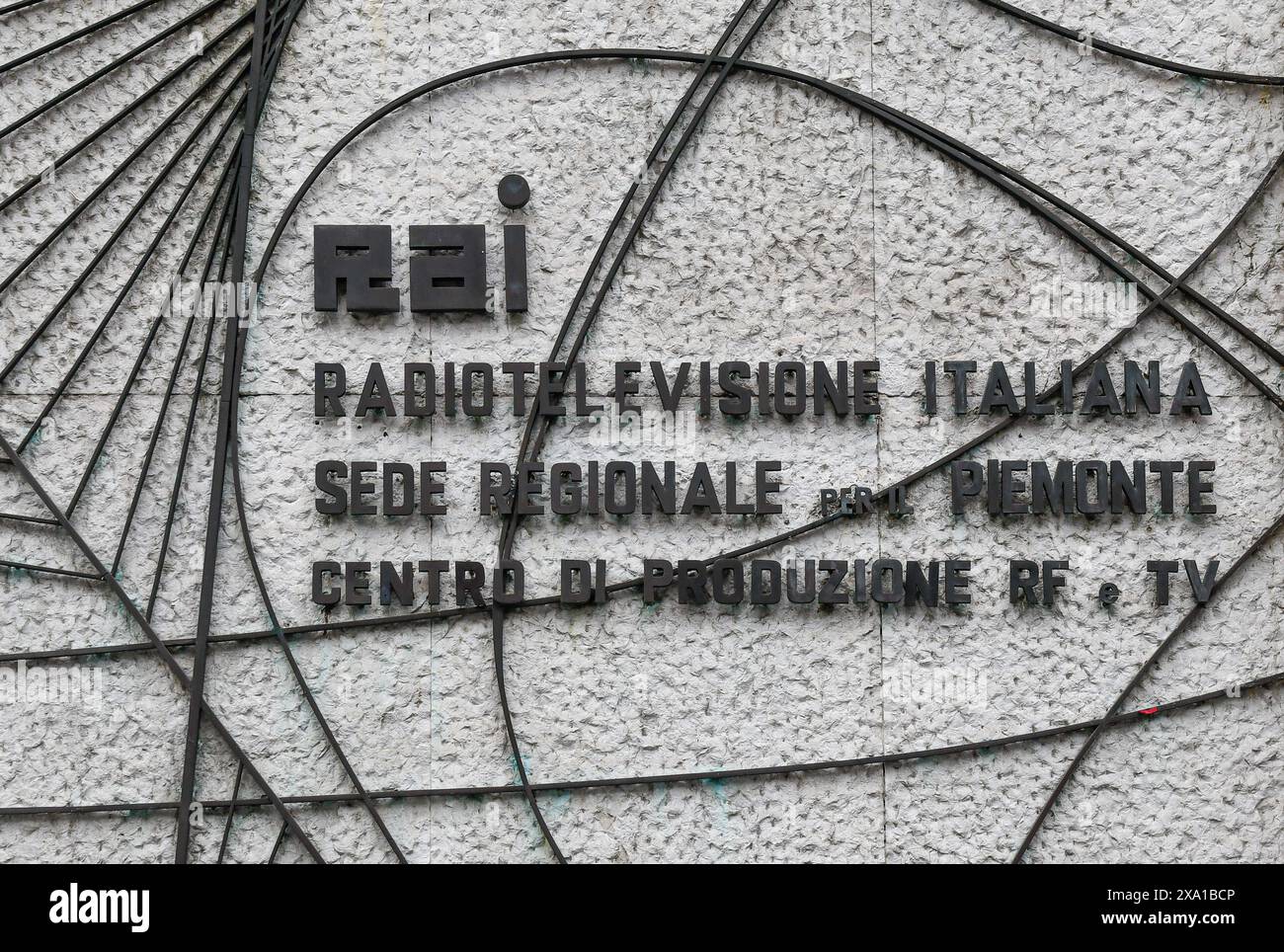 Close-up of the metal sign of Rai Italian Radiotelevision, regional ...