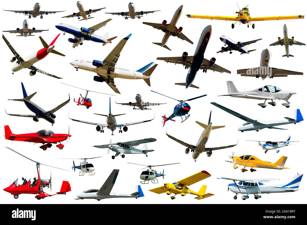 Collage of different modern airplanes isolated on white background ...