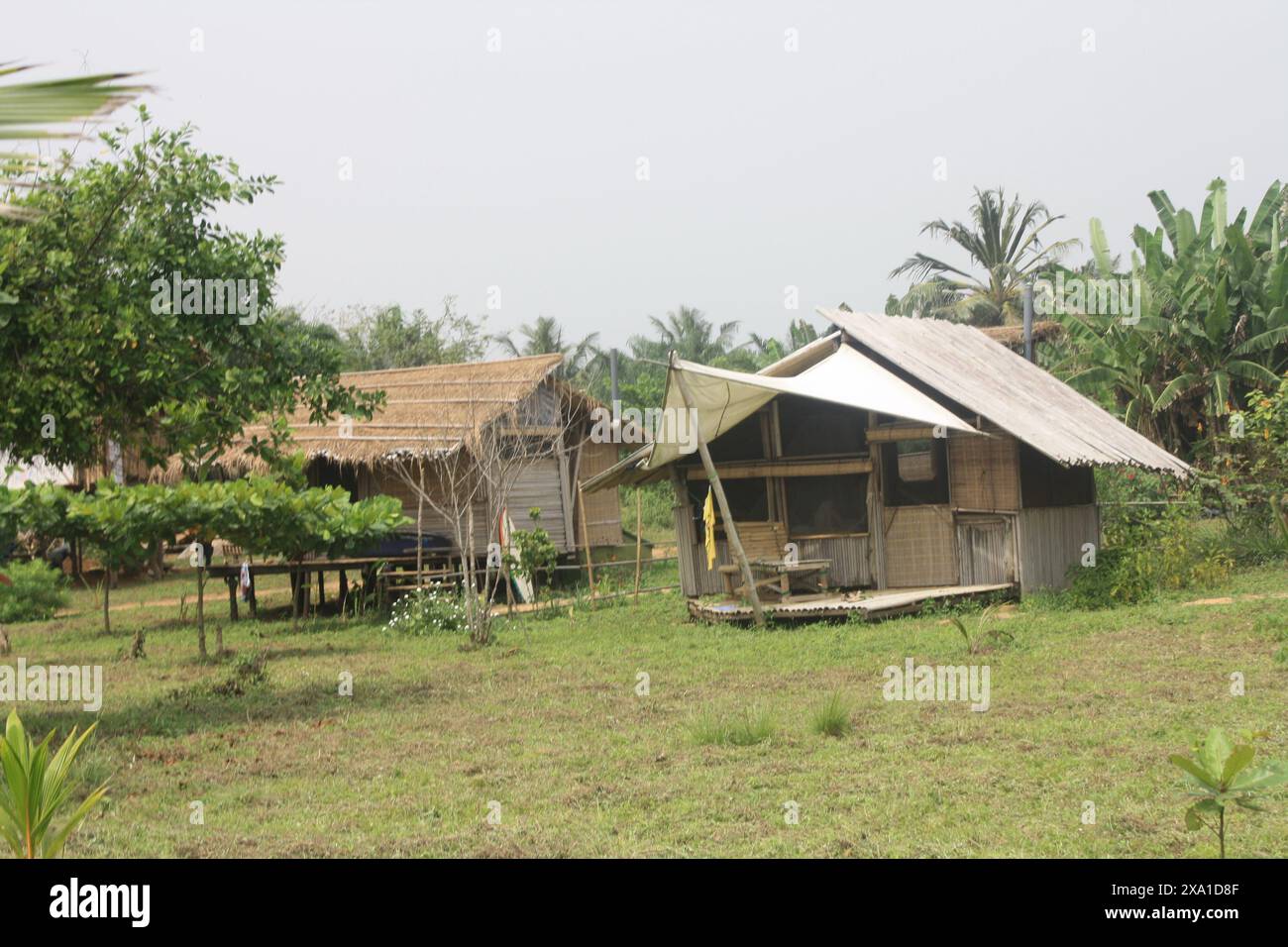 simple, traditional beachside hut made of bamboo and thatch, with lush ...