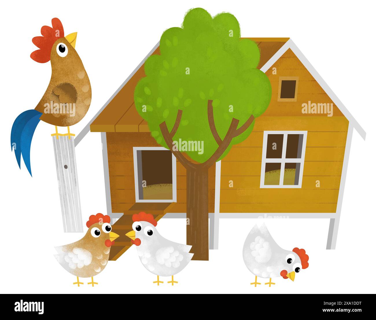 cartoon scene with farm element farm wooden house home chicken coop ...