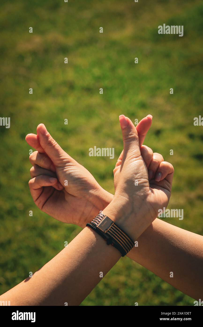 Two hands creating the Vulcan sign, intertwined on lush green grass ...