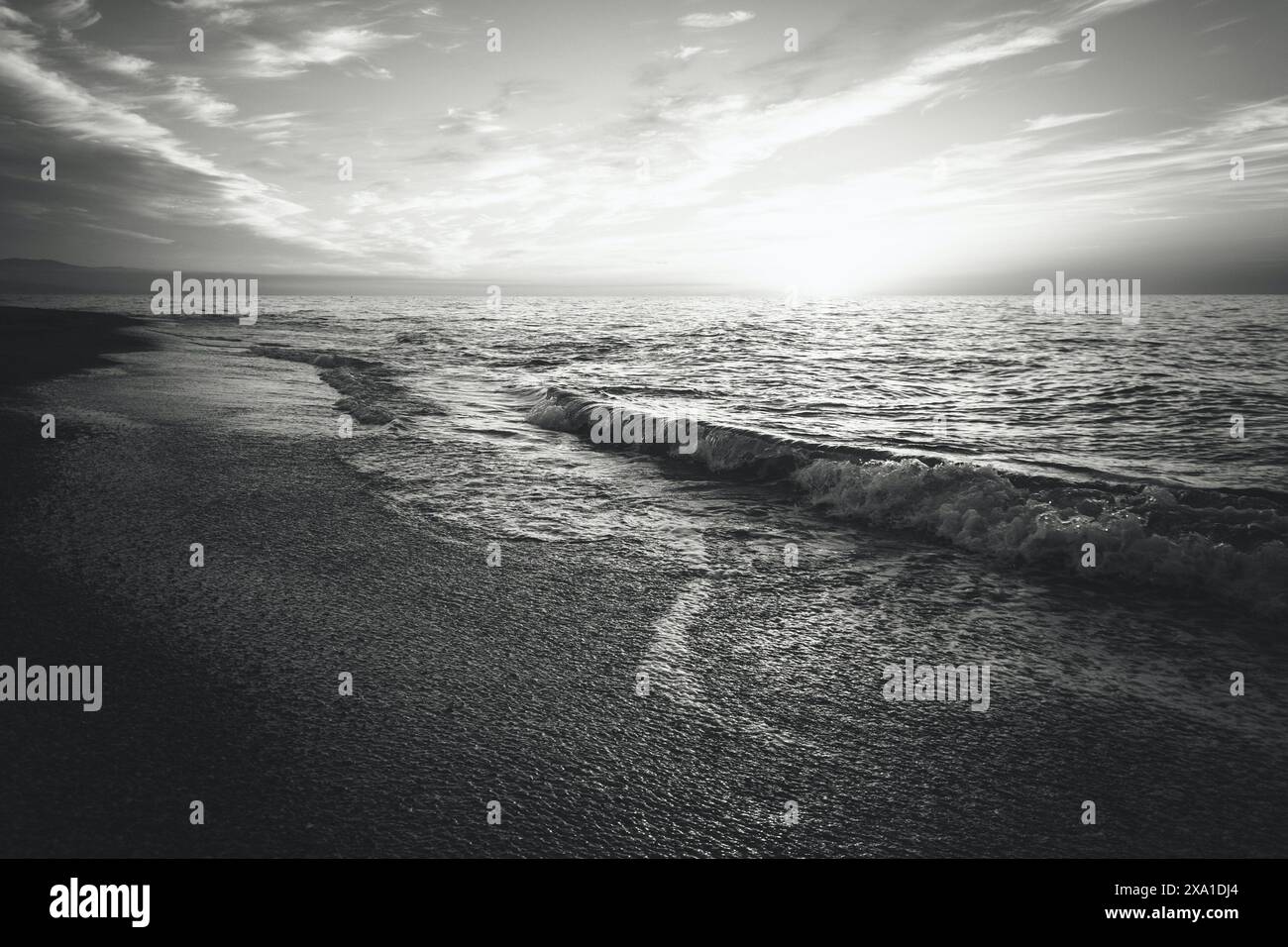 The sun shining over a sandy beach, in grayscale Stock Photo - Alamy
