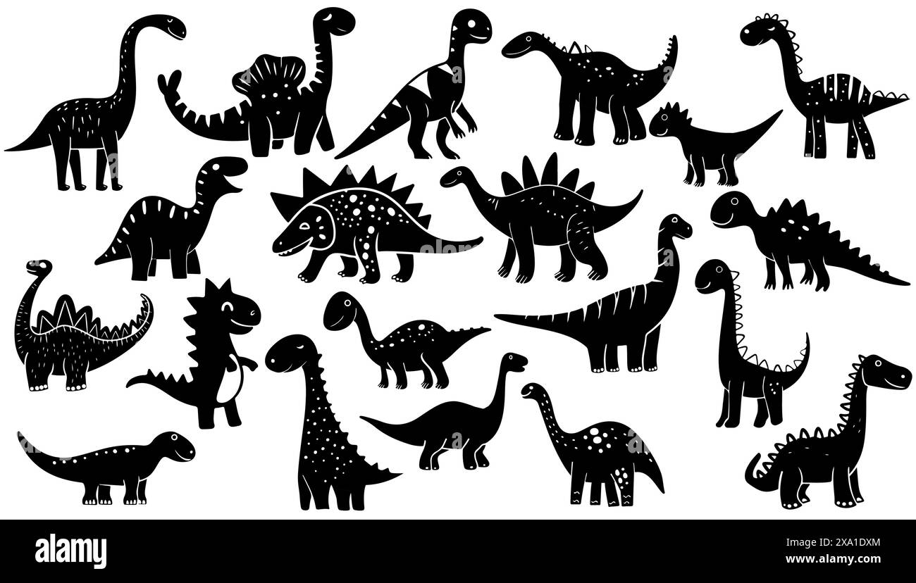 Vector illustration black and white hand-drawn childish set dinosaur ...