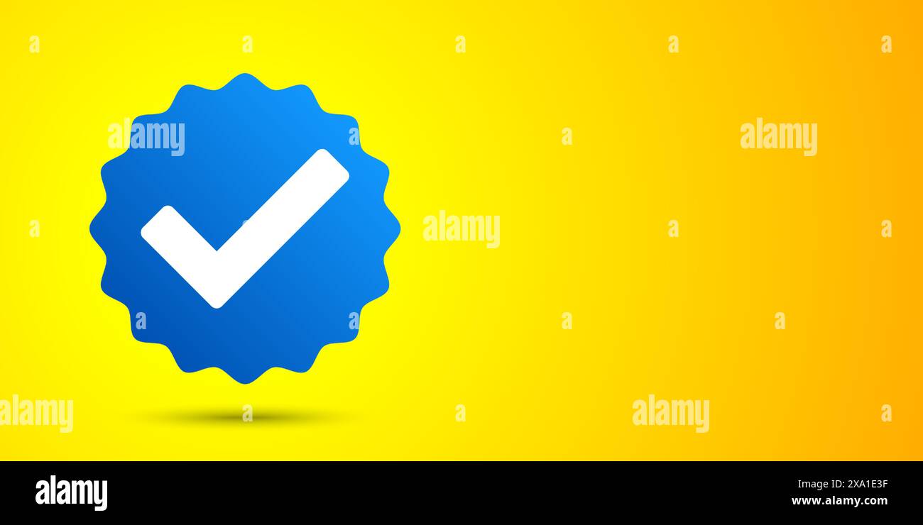 A blue verified checkmark on a vibrant yellow background, symbolizing ...
