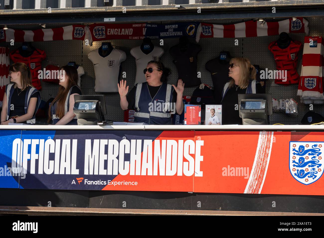 Newcastle upon Tyne, UK. June 3rd 2024. Official England merchandise ...