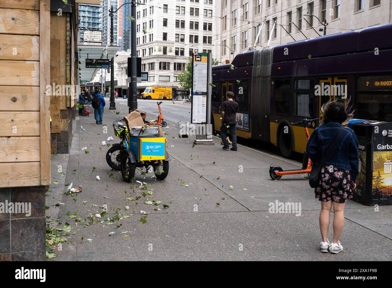 Seattle, USA. 3rd Jun 2024. A garbage Tornado on 3rd ave as a rare ...