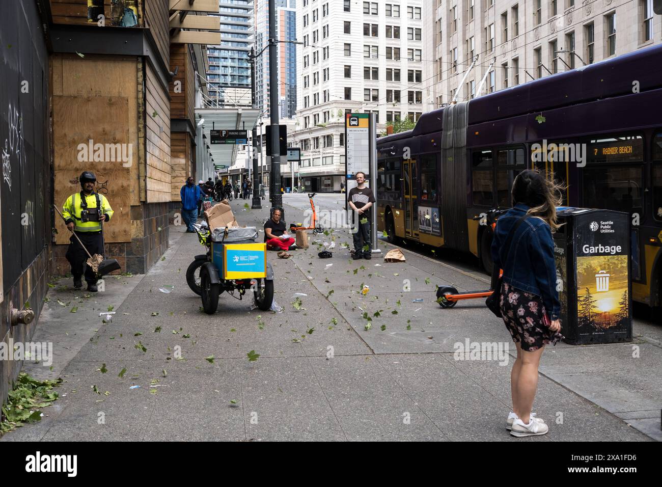 Seattle, USA. 3rd Jun 2024. A garbage Tornado on 3rd ave as a rare ...