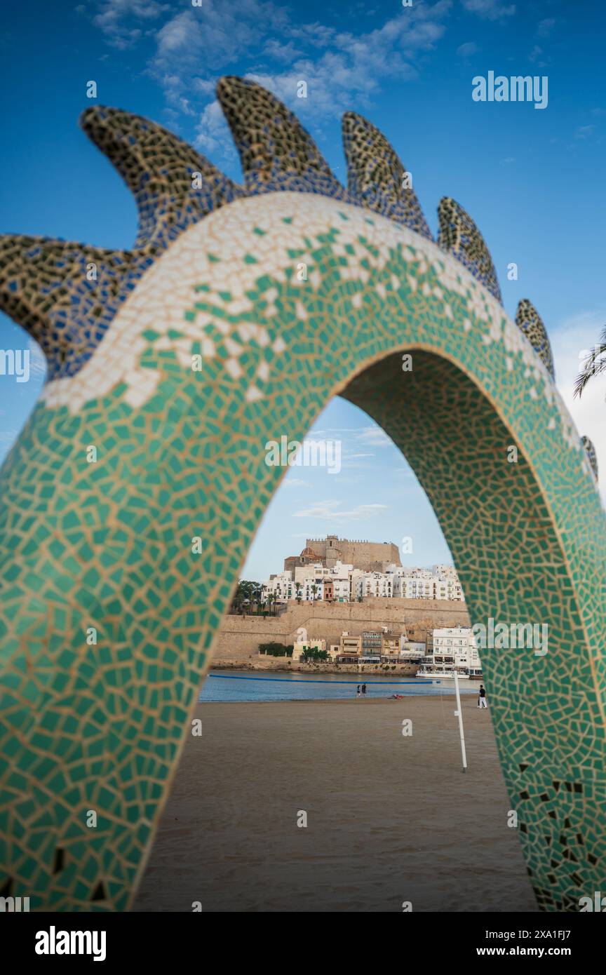 View of Papa Luna castle through the dragon sculpture on the Beach ...