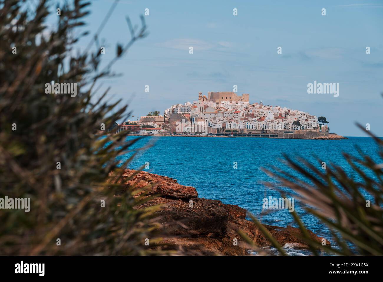 View of Papa Luna castle in Peñiscola from the beach, Castellon ...