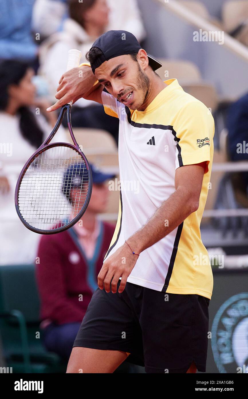 Paris, France. June 03, 2024. Francisco Cerundolo of Argentina reacts against Novak Djokovic of ...