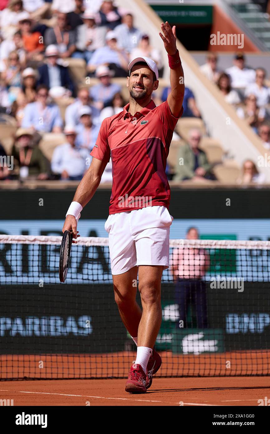 Paris, France. June 03, 2024. Novak Djokovic of Serbia reacts against Francisco Cerundolo of ...