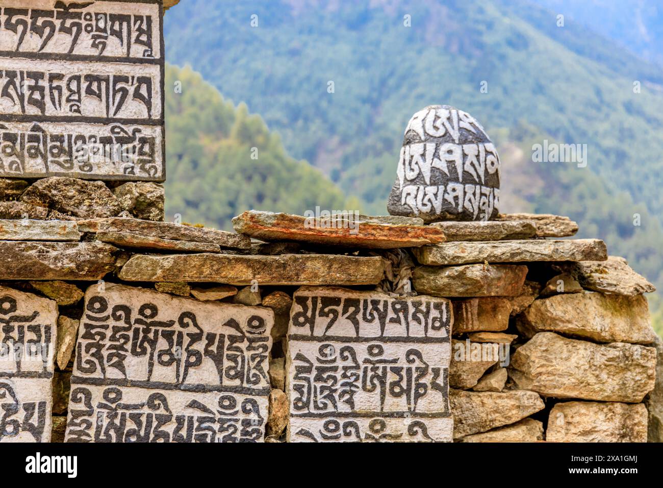 Nepal sacred stones mani with mantra written and carved on the surface ...