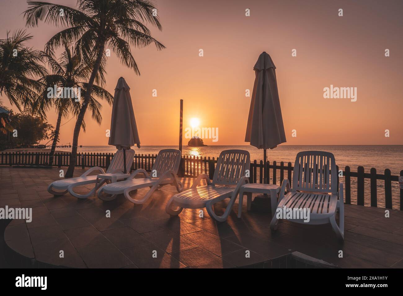 A tropical beach setting with lounge chairs, umbrella, and palm trees ...