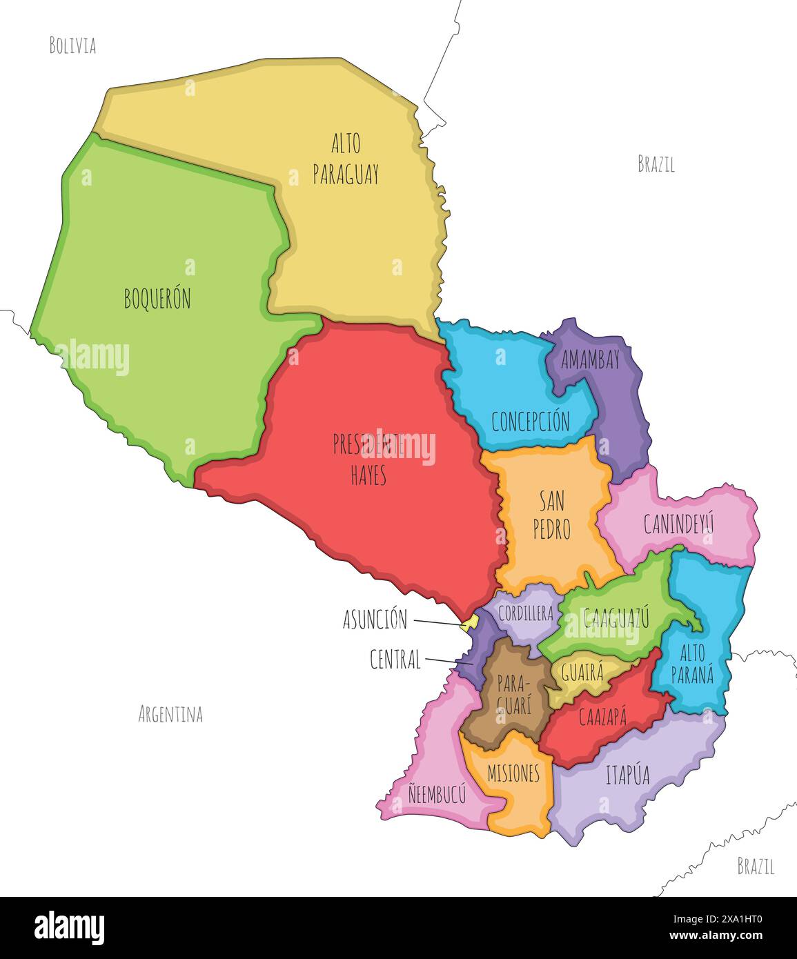 Vector illustrated map of Paraguay with departments, capital district and administrative ...