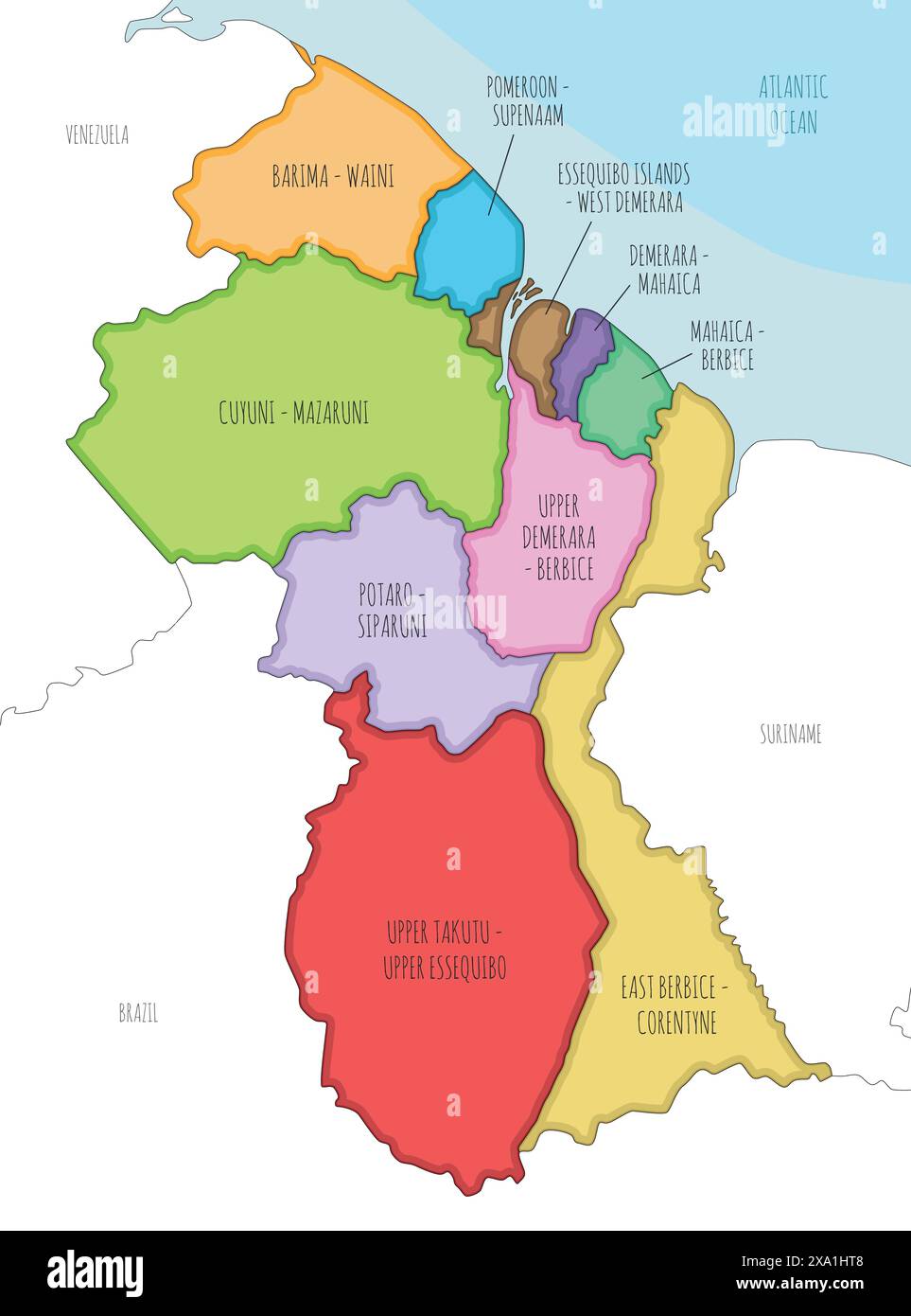 Vector illustrated map of Guyana with regions and administrative divisions, and neighbouring ...