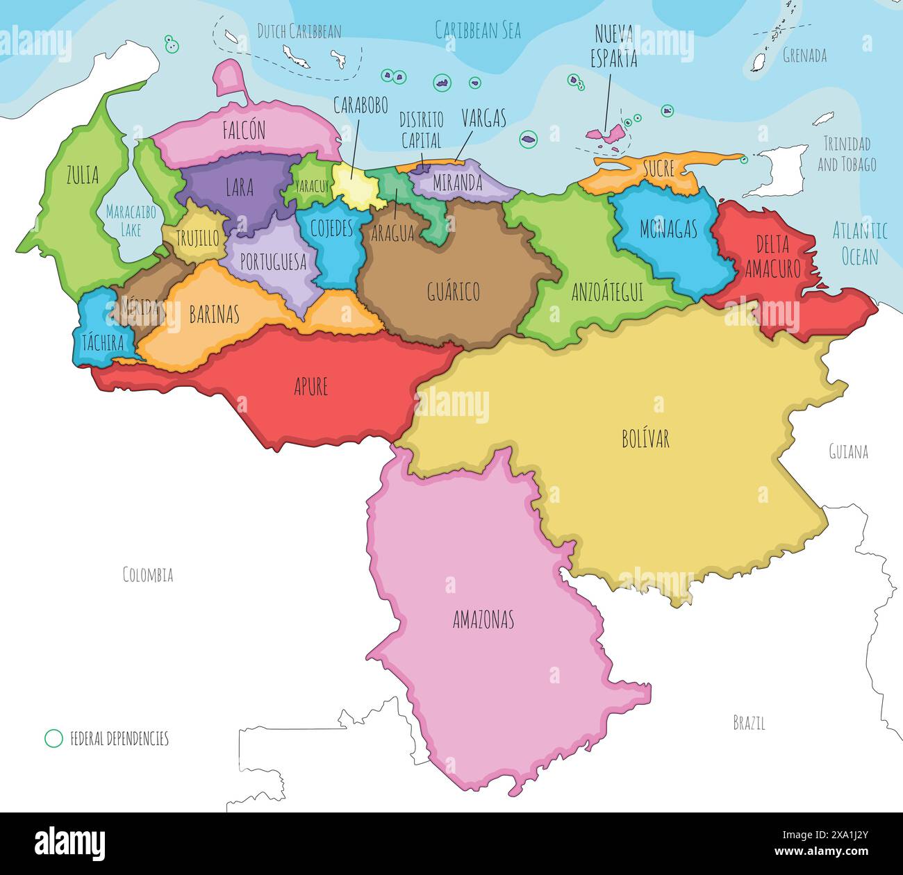 Vector illustrated map of Venezuela with states, capital district ...
