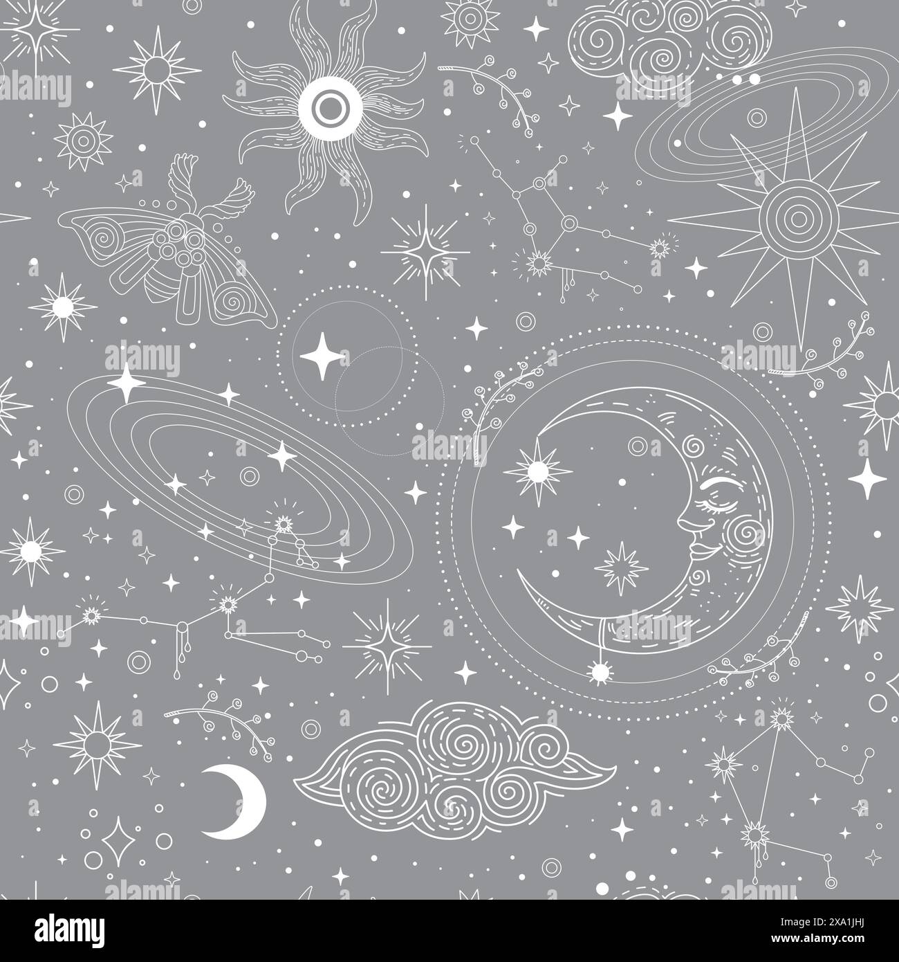 Star constellation moon and sun on gray seamless pattern Stock Vector ...