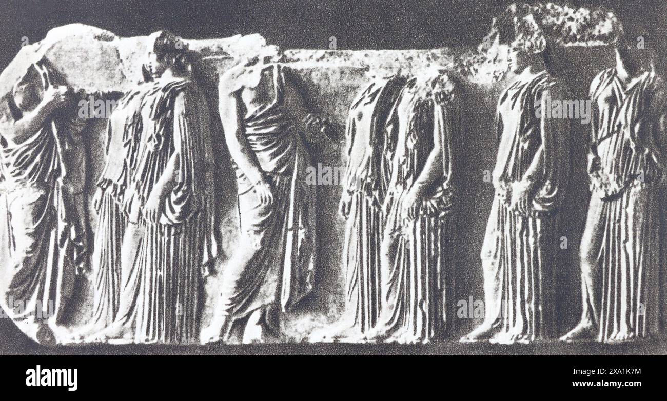 Marble relief from the Parthenon frieze. Photography from the mid-20th ...