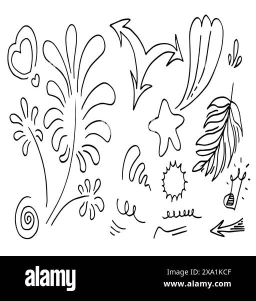 hand drawn set elements, black on white background. arrow, leaf, star ...