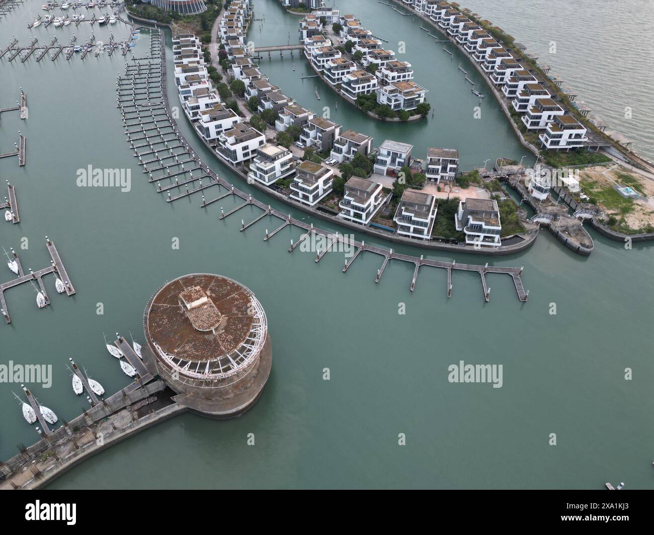 An aerial and topdown view of the port in the city of Xiamen, China at ...