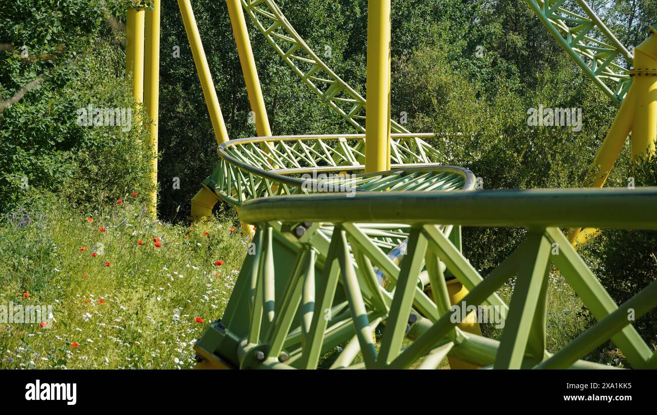 Green-coloured rollercoaster track of an extreme coaster in the theme ...
