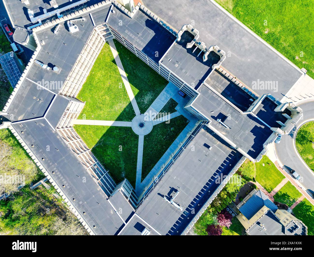 An aerial view of a park, roads, and buildings in Barracks Courtyard ...