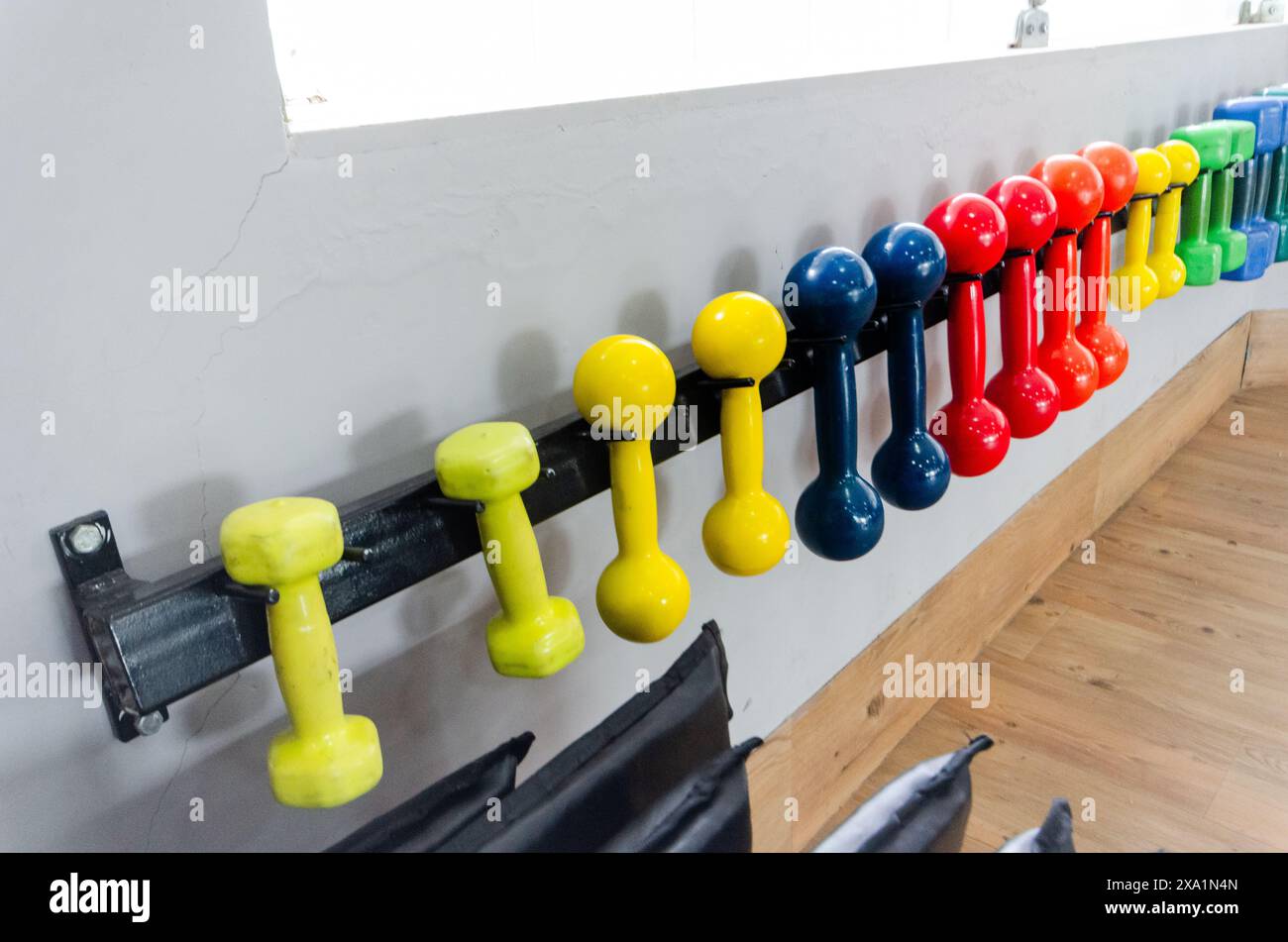 A row of colorful rainbow objects on a wall Stock Photo - Alamy