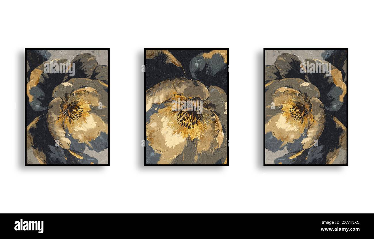Abstract watercolor fashion art painting, color combination, leaves, triptych, golden elements ...