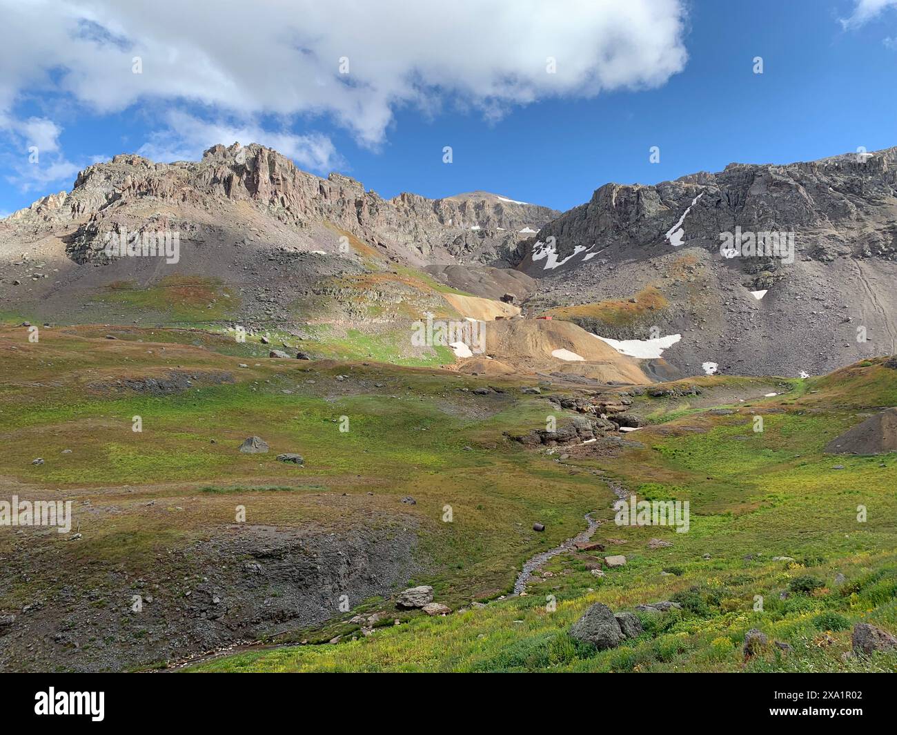 A scenic trail in grassy valley with small greenery and rocky mountains ...