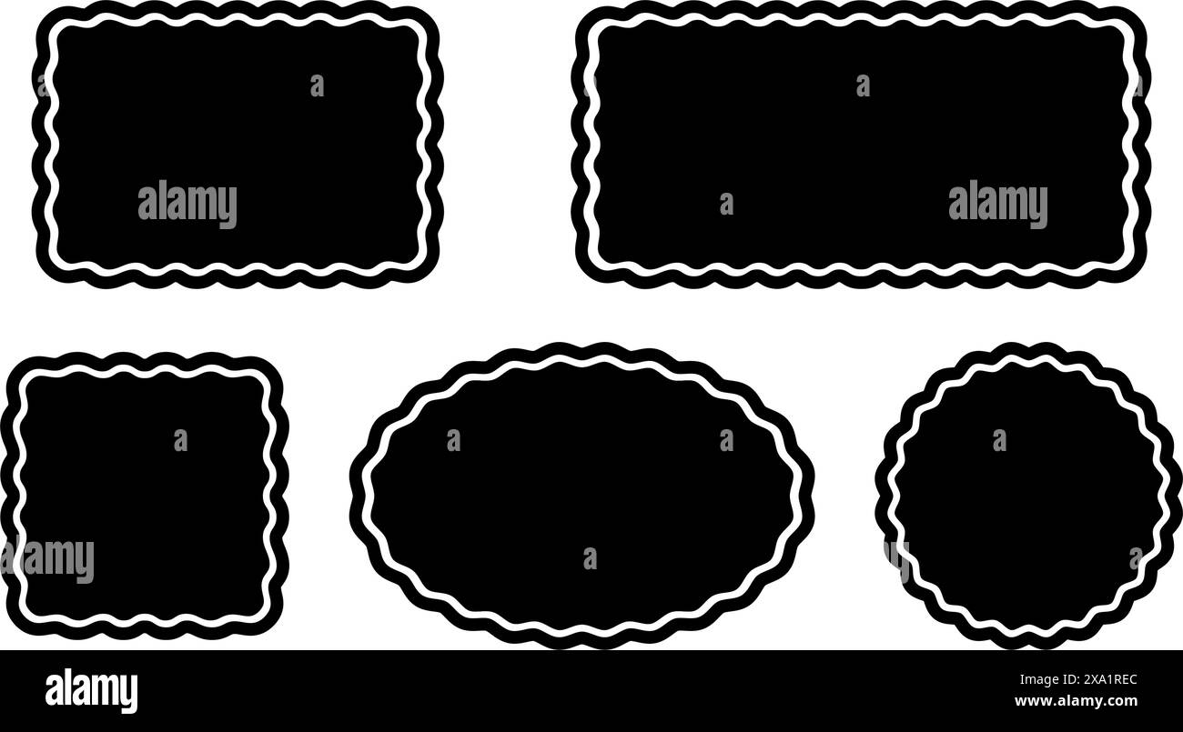 Set of rectangle, square, oval and circle shapes with wavy edges. Geometric firms with scalloped ...