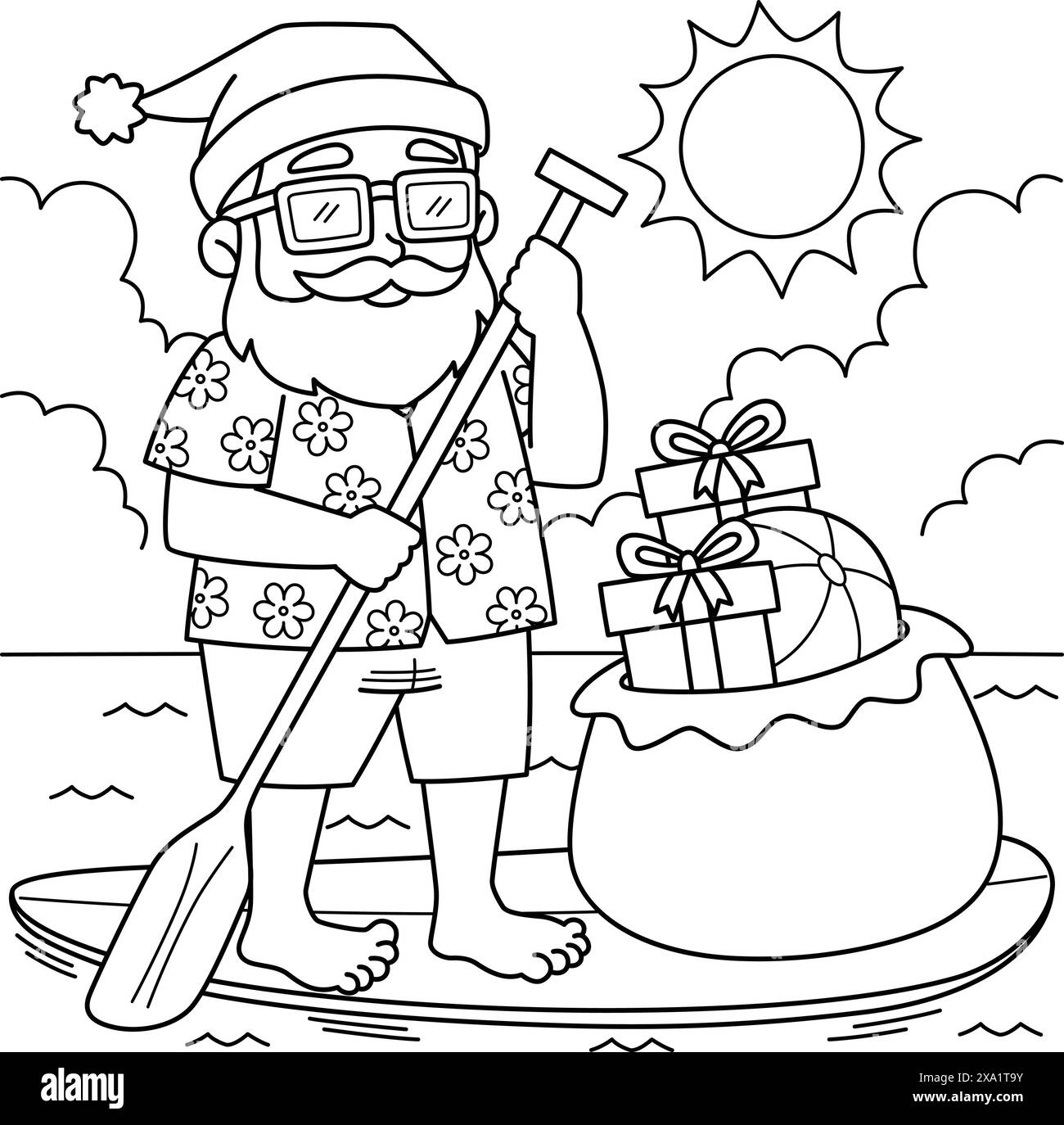 Christmas in July Santa Paddle Boarding Coloring Stock Vector Image ...