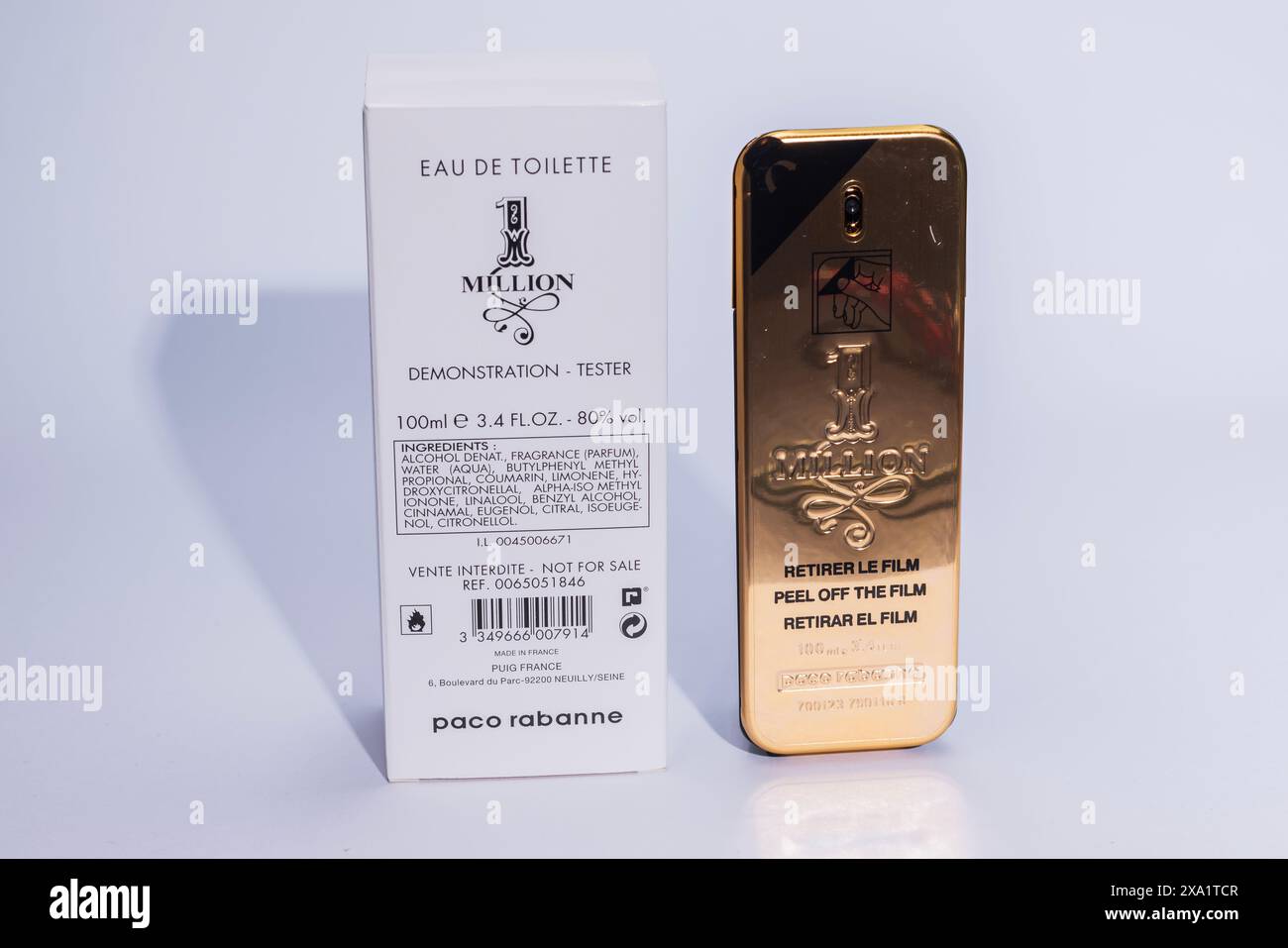 A Paco Rabanne perfume on a clean white background in a studio setting ...